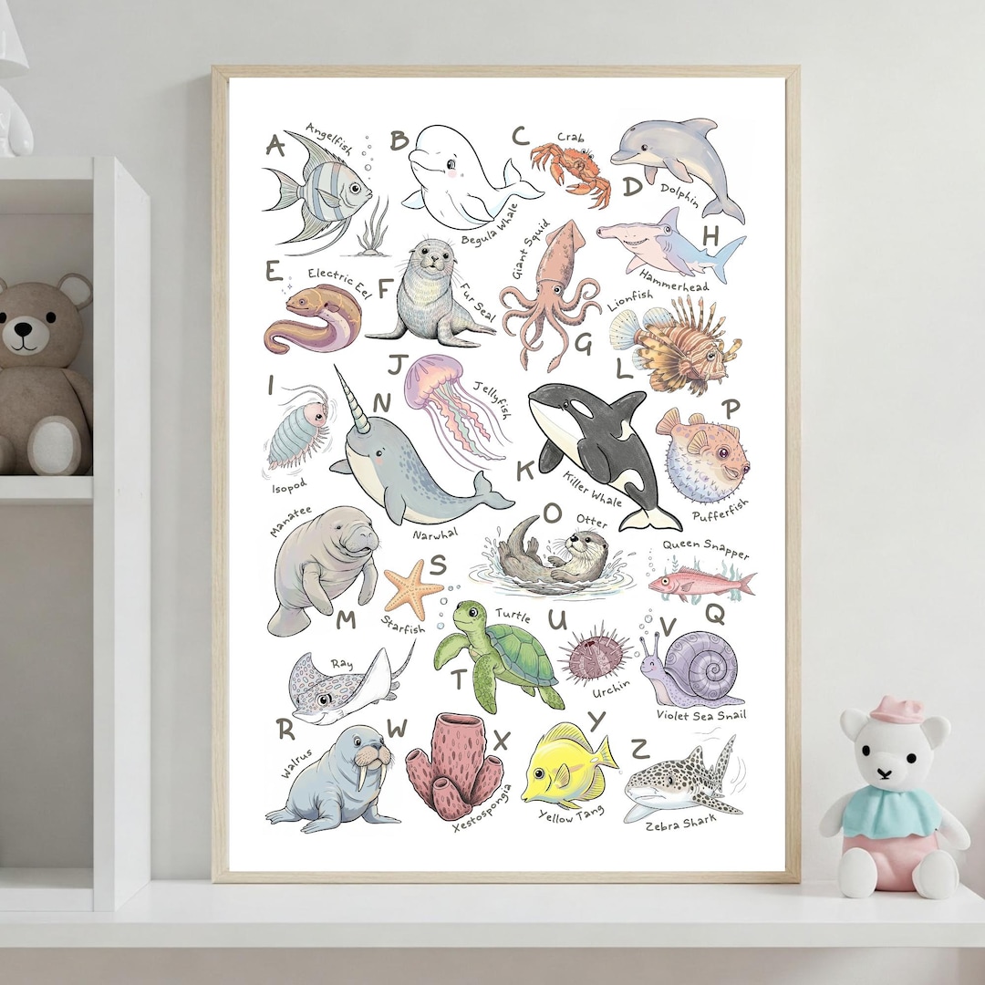 Ocean Animal Alphabet Nursery Print: Sea Creature ABC Wall Art (digital ...