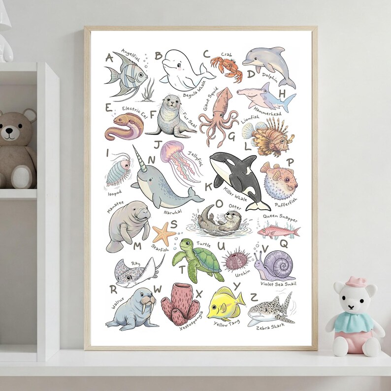 Ocean Animal Alphabet Nursery Print: Sea Creature ABC Wall Art (digital ...