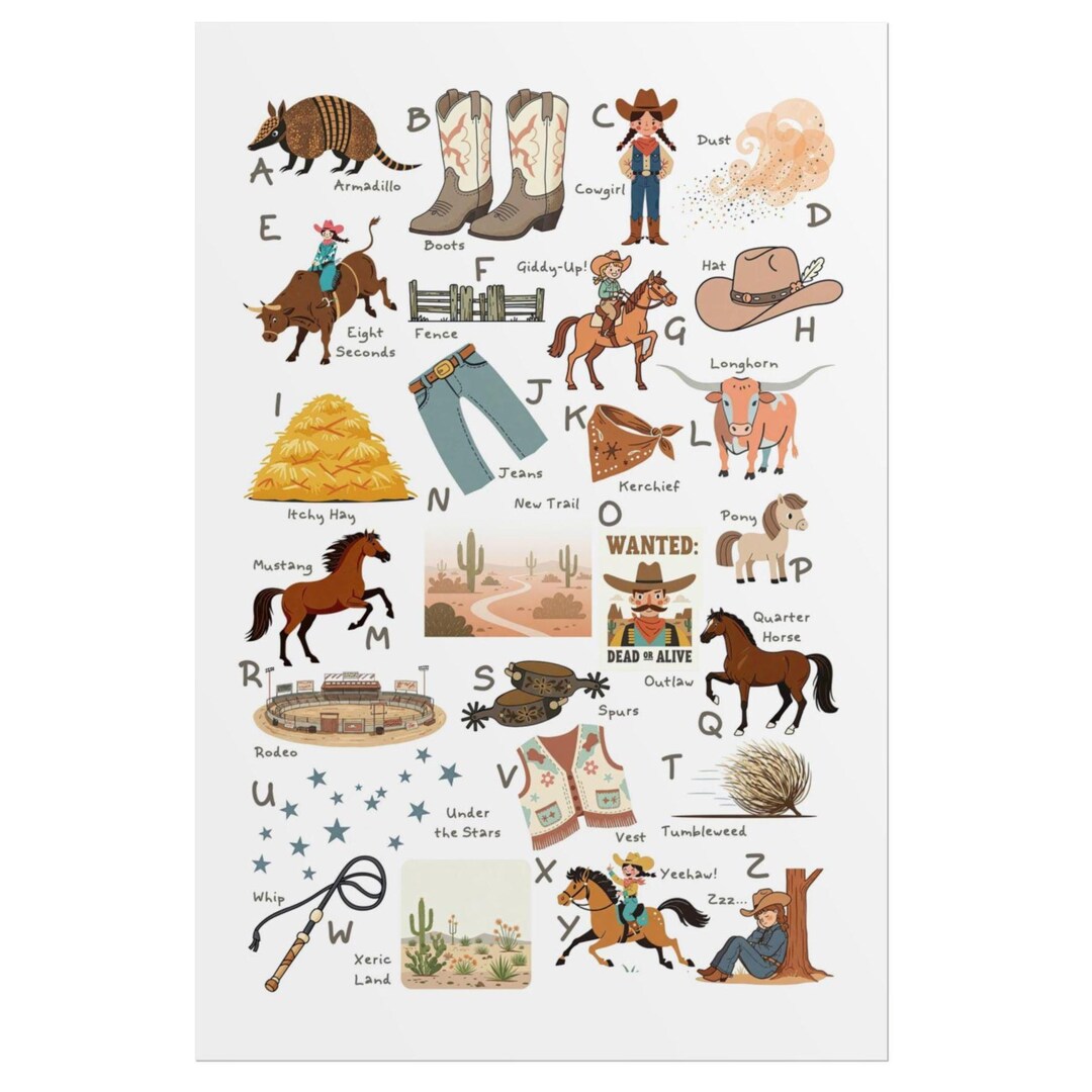 Cowgirl Alphabet Print, Country Western Theme Baby Girl Nursery ABC ...