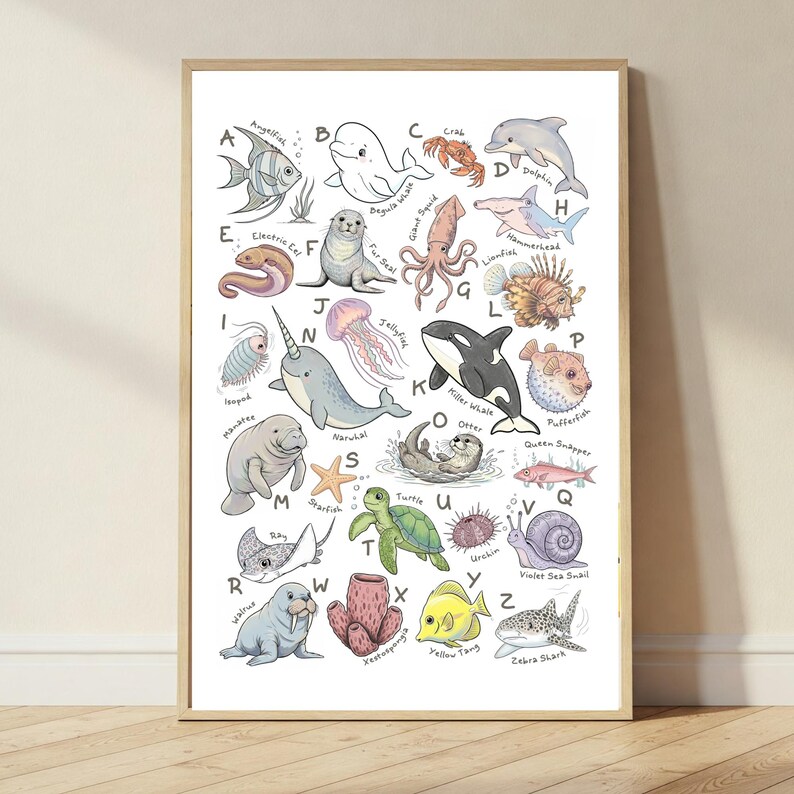 Ocean Animal Alphabet Nursery Print: Sea Creature ABC Wall Art (digital ...