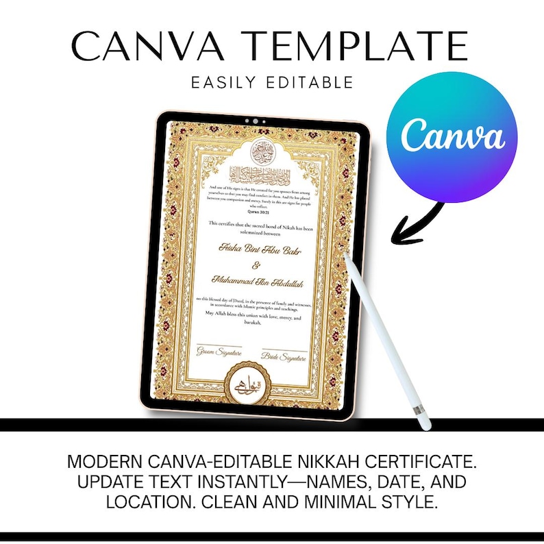 Editable Nikkah Certificate, Islamic Wedding Contract, Canva Template ...