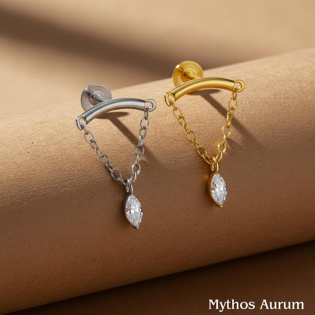 16G Titanium Vertical Dangle Hidden Helix Piercing, 18K Gold Threaded ...