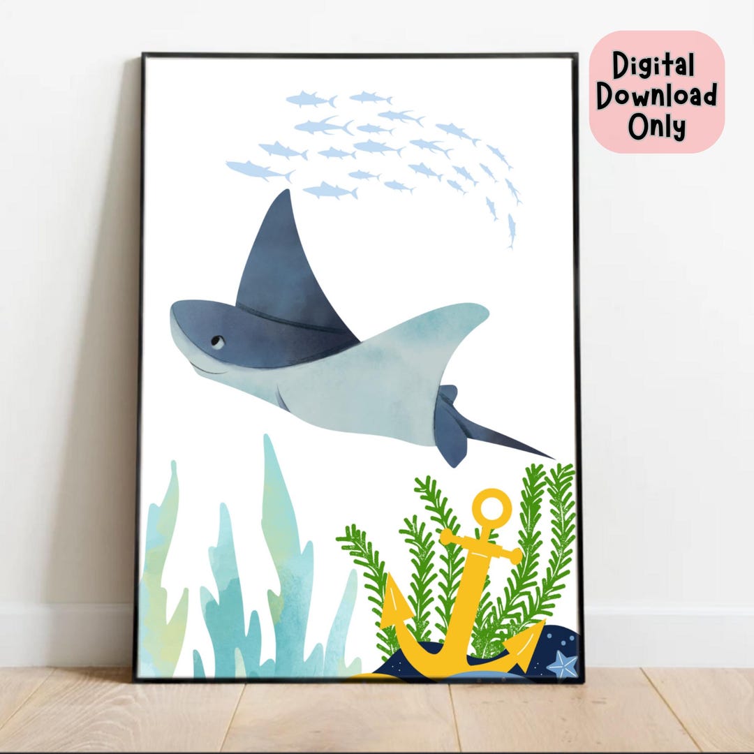 Watercolor Stingray Anchor Fishes Wall Art Ocean Digital Print Marine ...