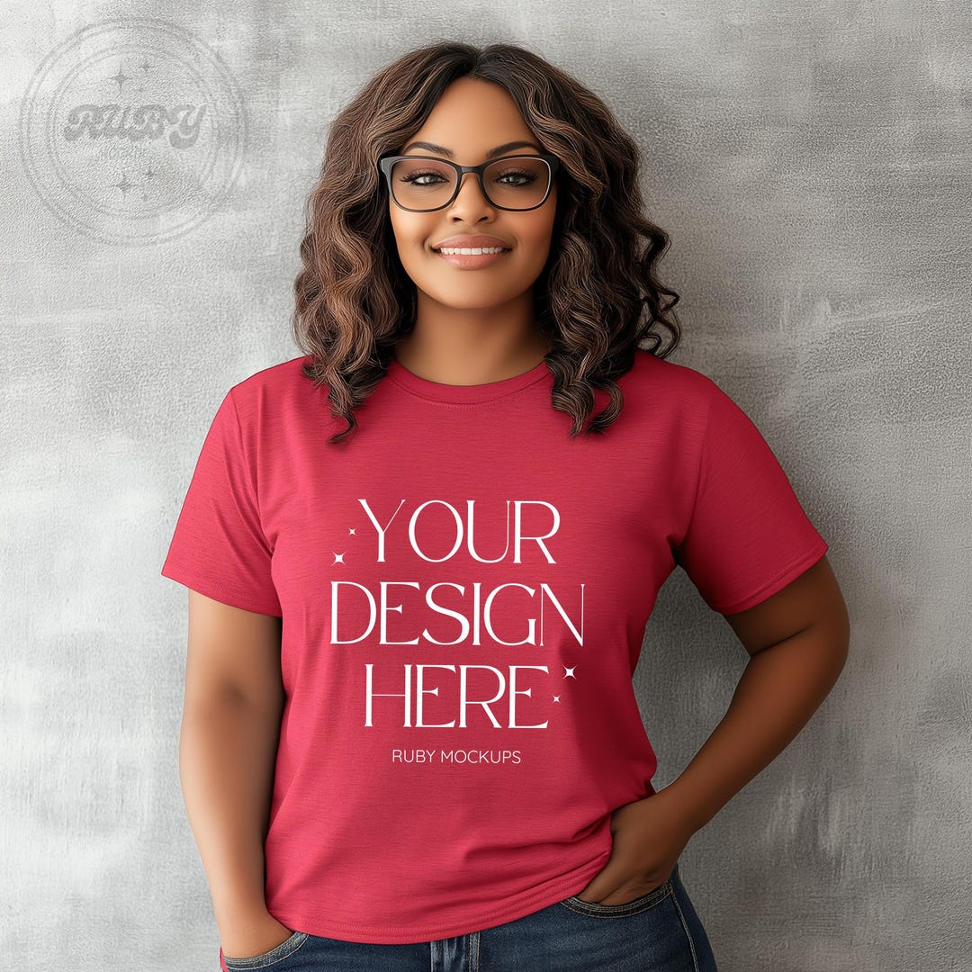 Gildan 64000 Heather Red T-shirt Mockup, Female Casual Style Display ...