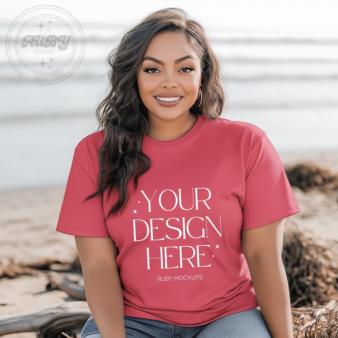 Gildan 64000 Heather Red T-shirt Mockup, Female Summer Vibes Display ...