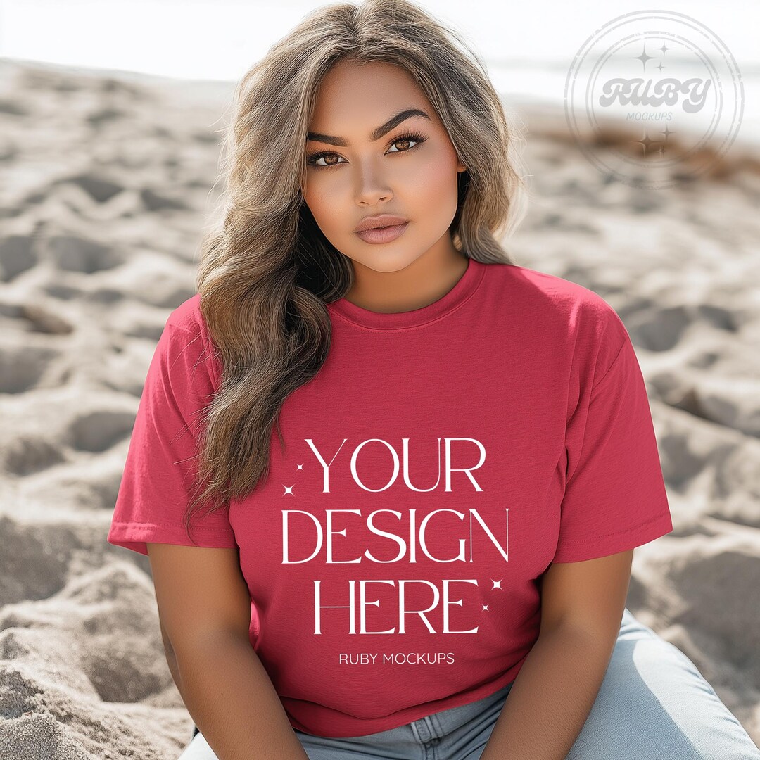 Gildan 64000 Heather Red T-shirt Mockup, Female Coastal Style Display ...