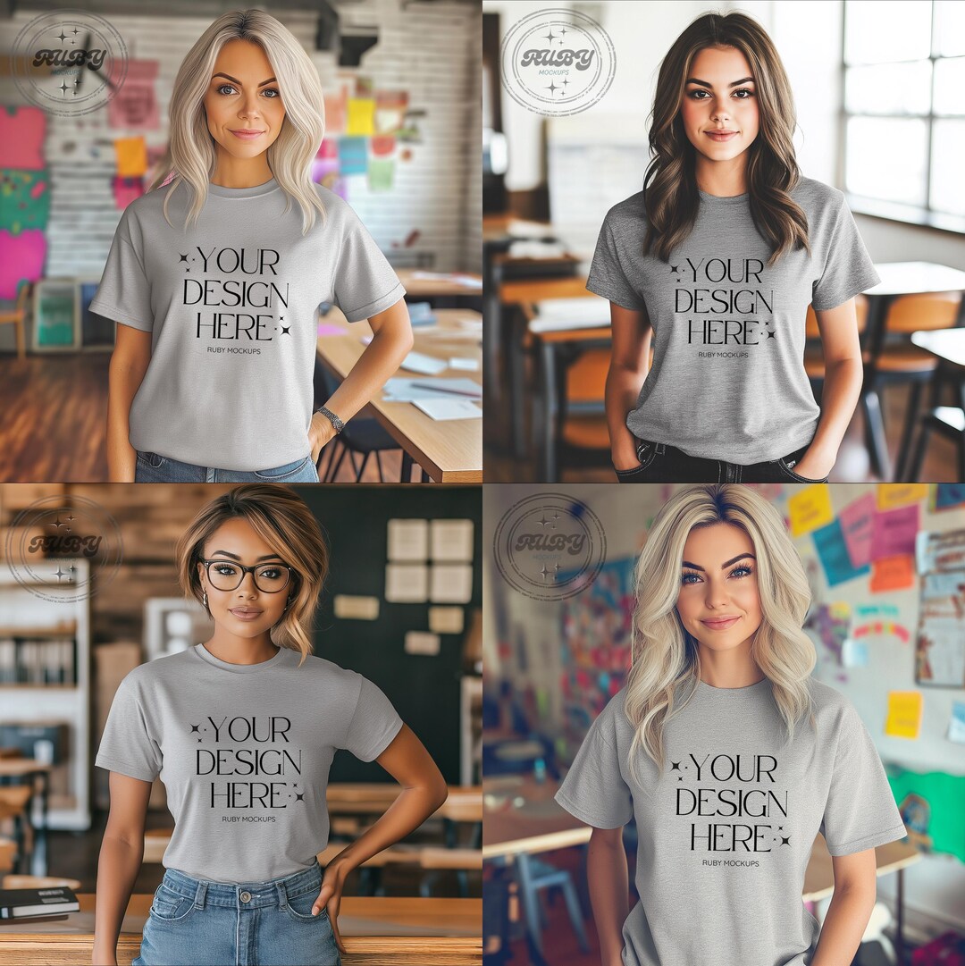 Female Teacher T-shirt Mockup Bundle, Gildan 64000 Sports Grey Mockups ...
