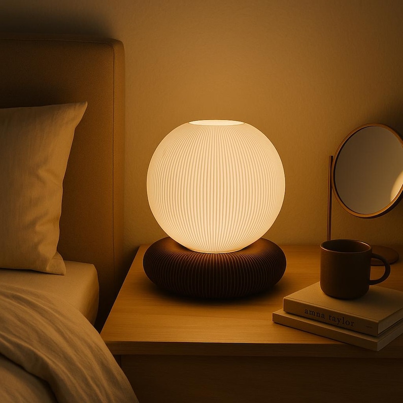 Alena Sphere Table Lamp With Donut Base – Modern Ribbed Lamp – Ambient ...