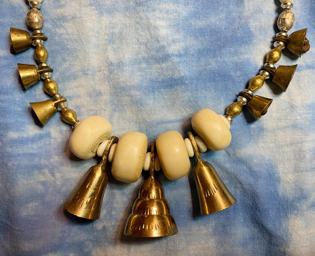 Shaman Bell & Bone Necklace: Tiny Bell Charms, Ethiopian Prayer, Brass ...