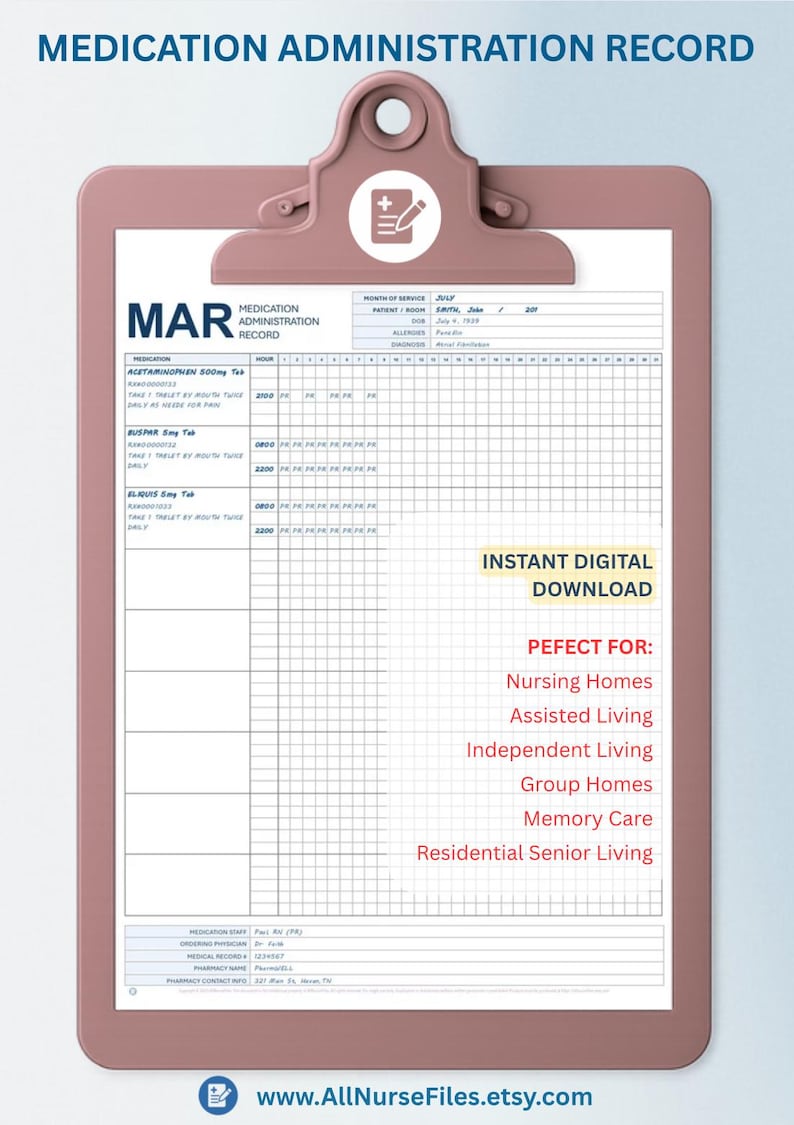 MAR Medication Administration Record Printable Template2 PDF Pharmacy ...