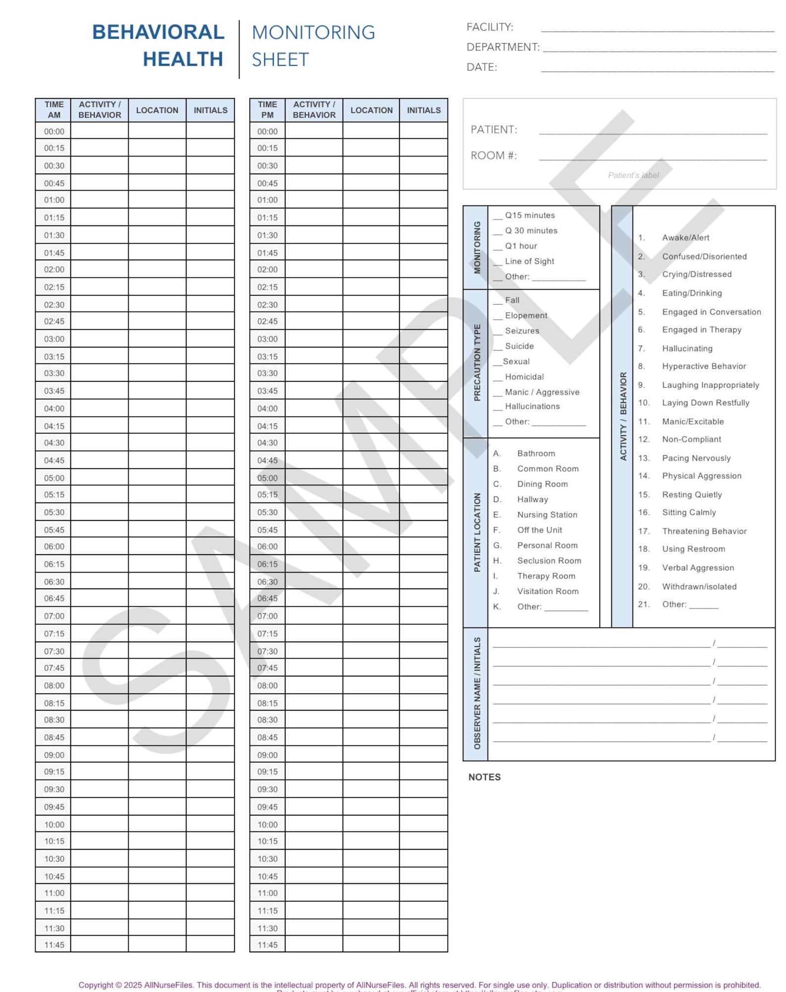 Printable PDF Behavioral Health Monitoring Sheet / Patient Observation ...