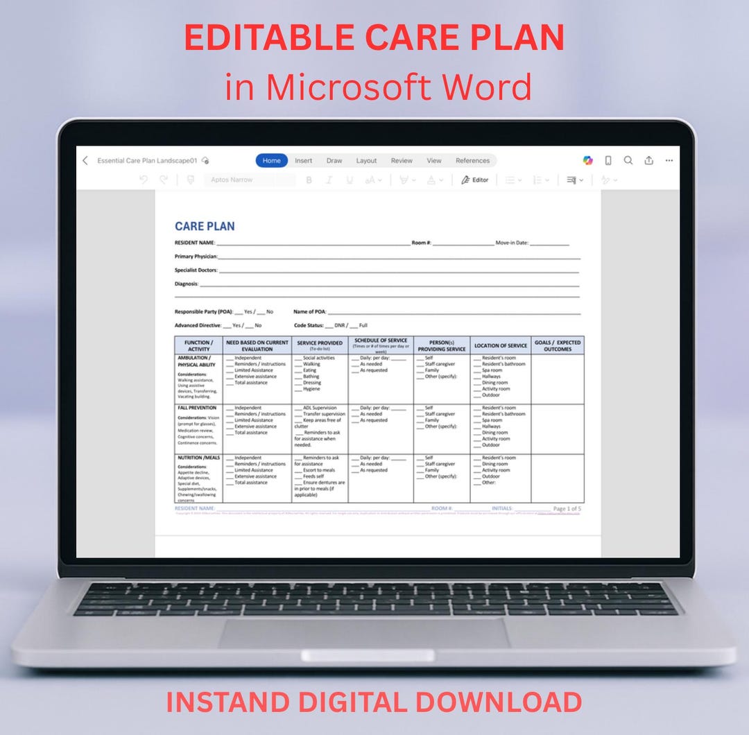 EDITABLE Comprehensive Care Plan Templete for Nursing Homes, Alfs, and ...