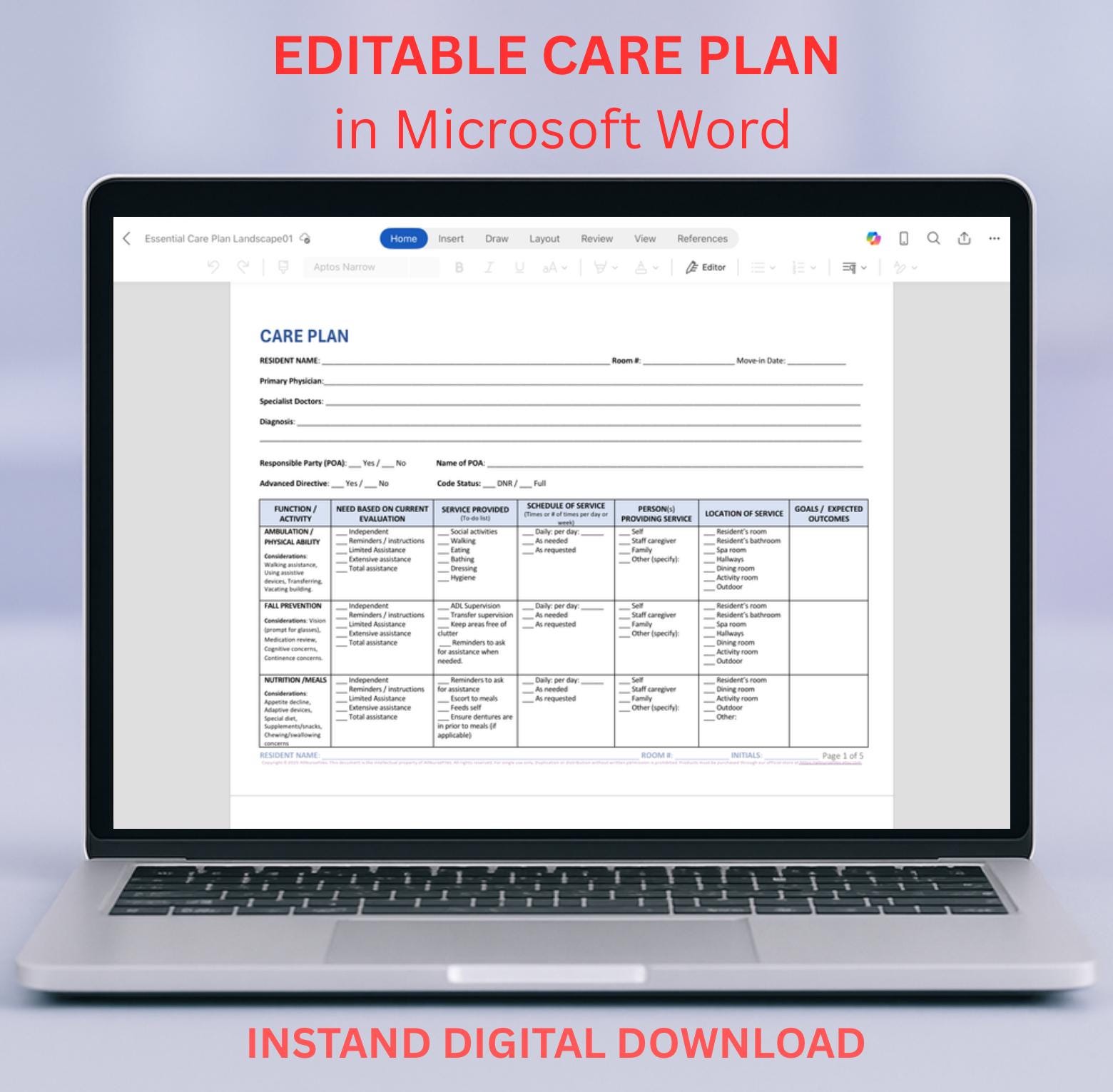 Patient Care Plan, EDITABLE Template: for Nursing Homes, Assisted ...