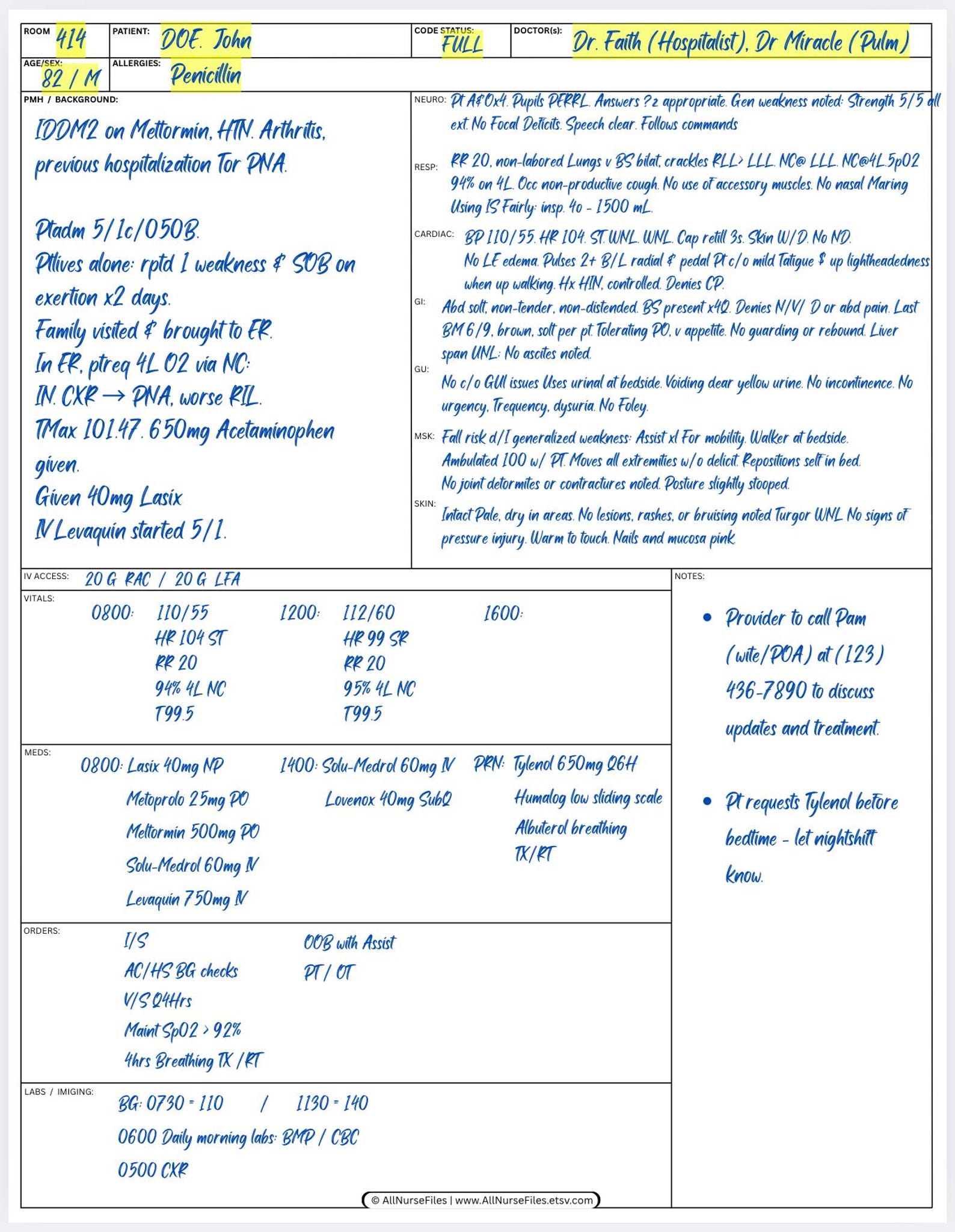 Nurse Report Sheet – Vertical Layout – Head-to-toe Shift Change & Hand ...