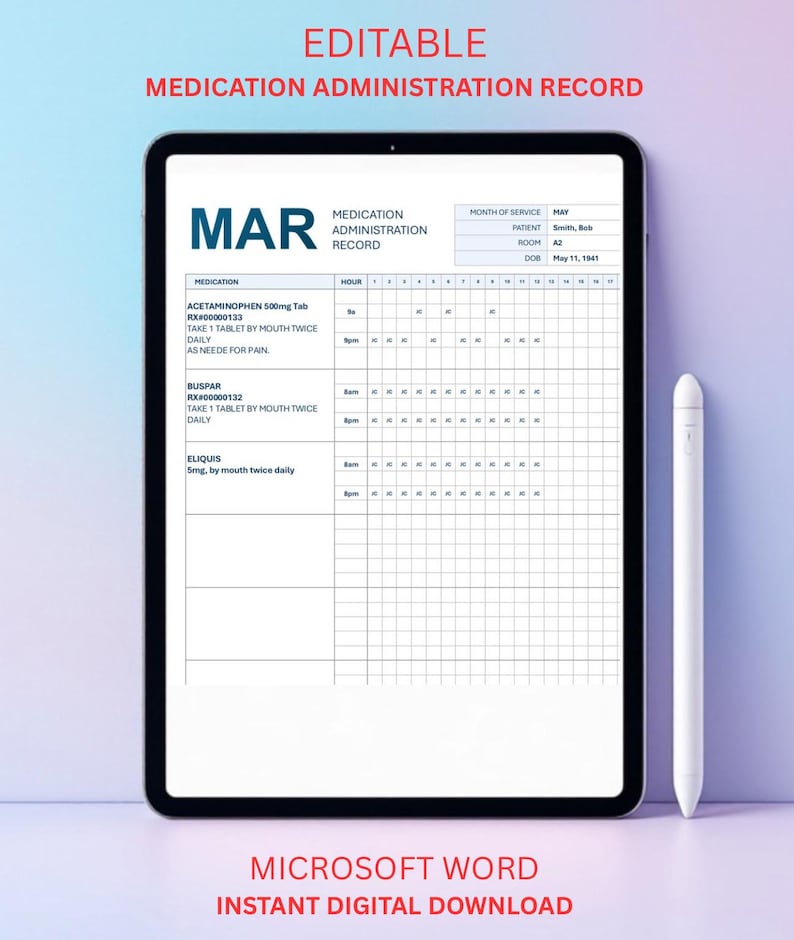 Medication Administration Record (MAR) EDITABLE Template - Instant Microsoft Word File Download ...