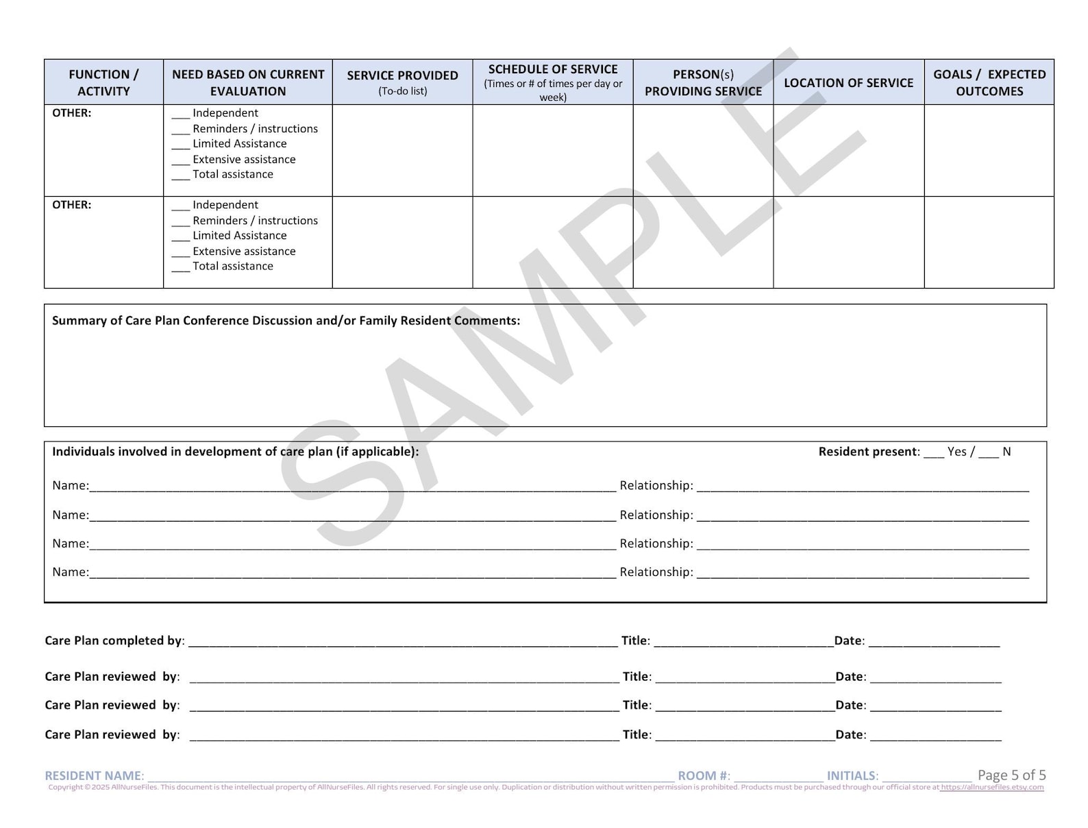 Patient Care Plan, EDITABLE Template: for Nursing Homes, Assisted ...