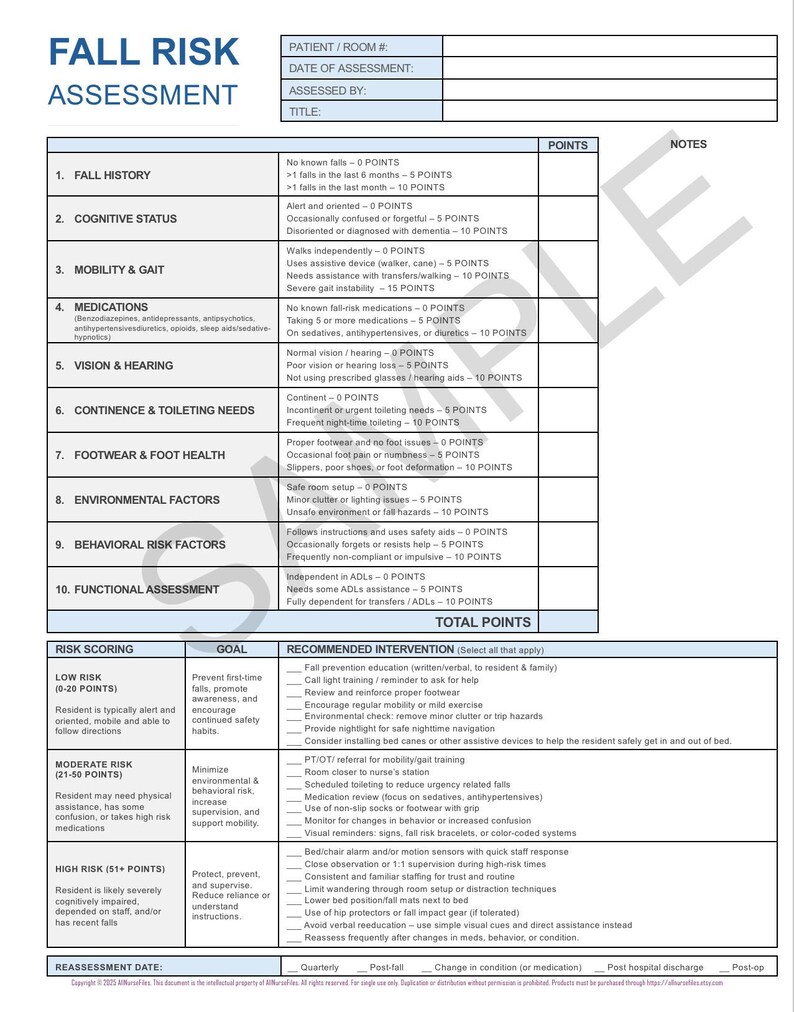EDITABLE Fall Risk Assessment Form Fully Customizable for Nursing Homes ...
