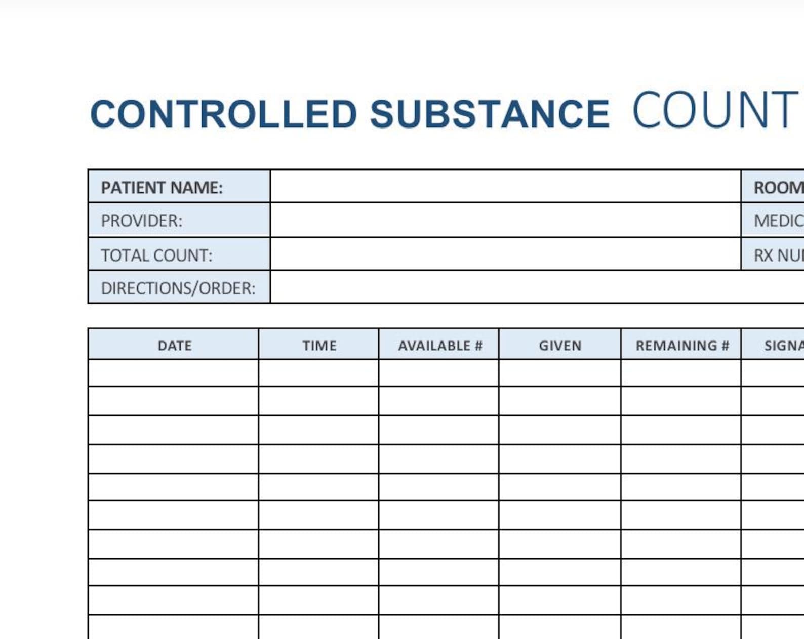 Controlled Substance Count Log – Printable Medication Tracking Form for ...