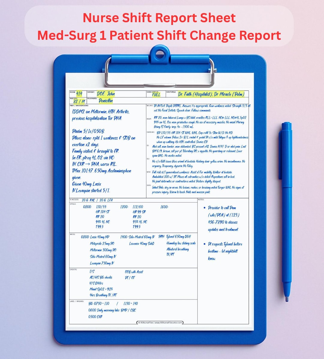 Nurse Report Sheet – Vertical Layout – Head-to-toe Shift Change & Hand ...
