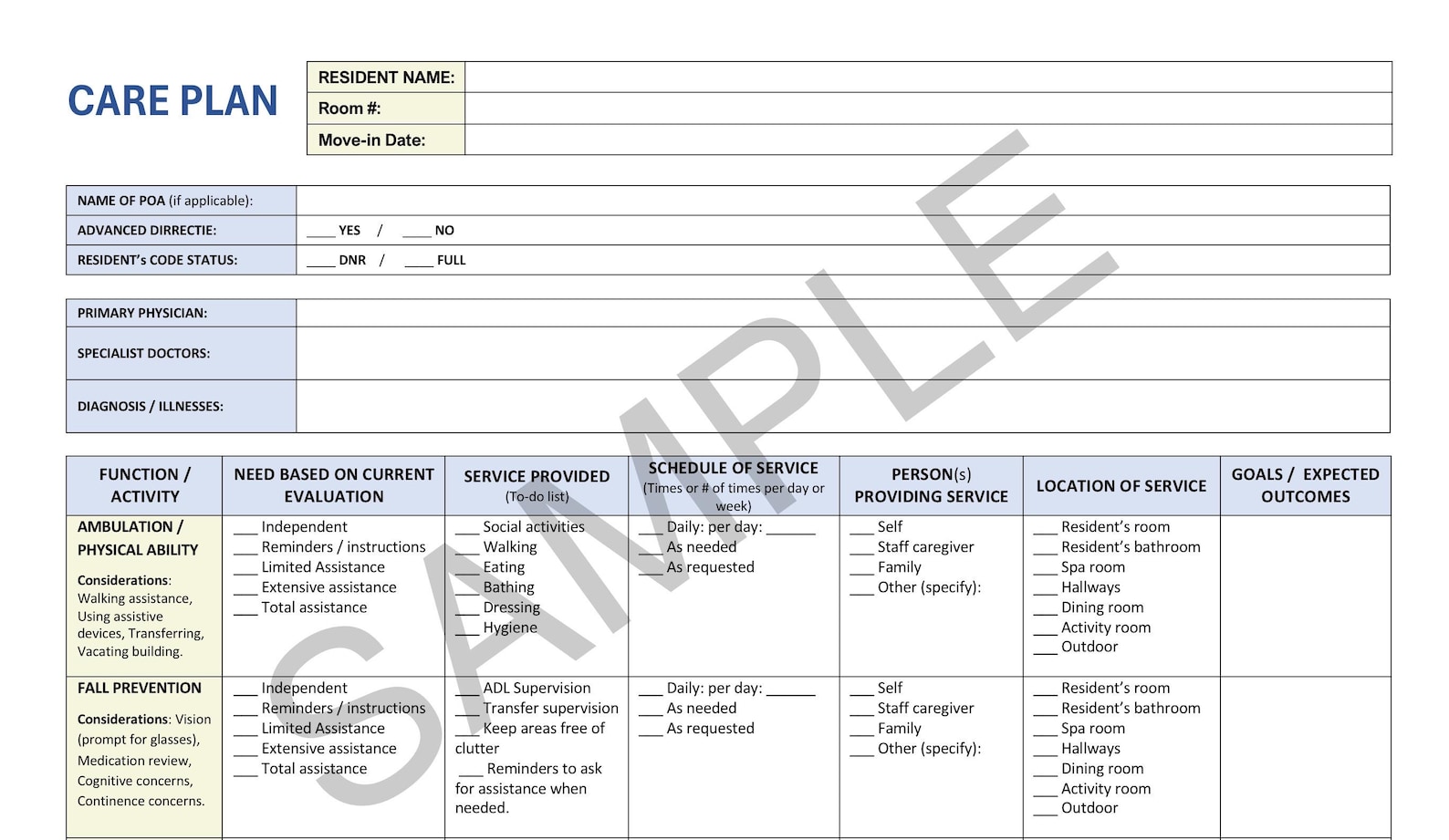 Comprehensive Care Plan Template for Elderly | Nursing Home, Assisted ...