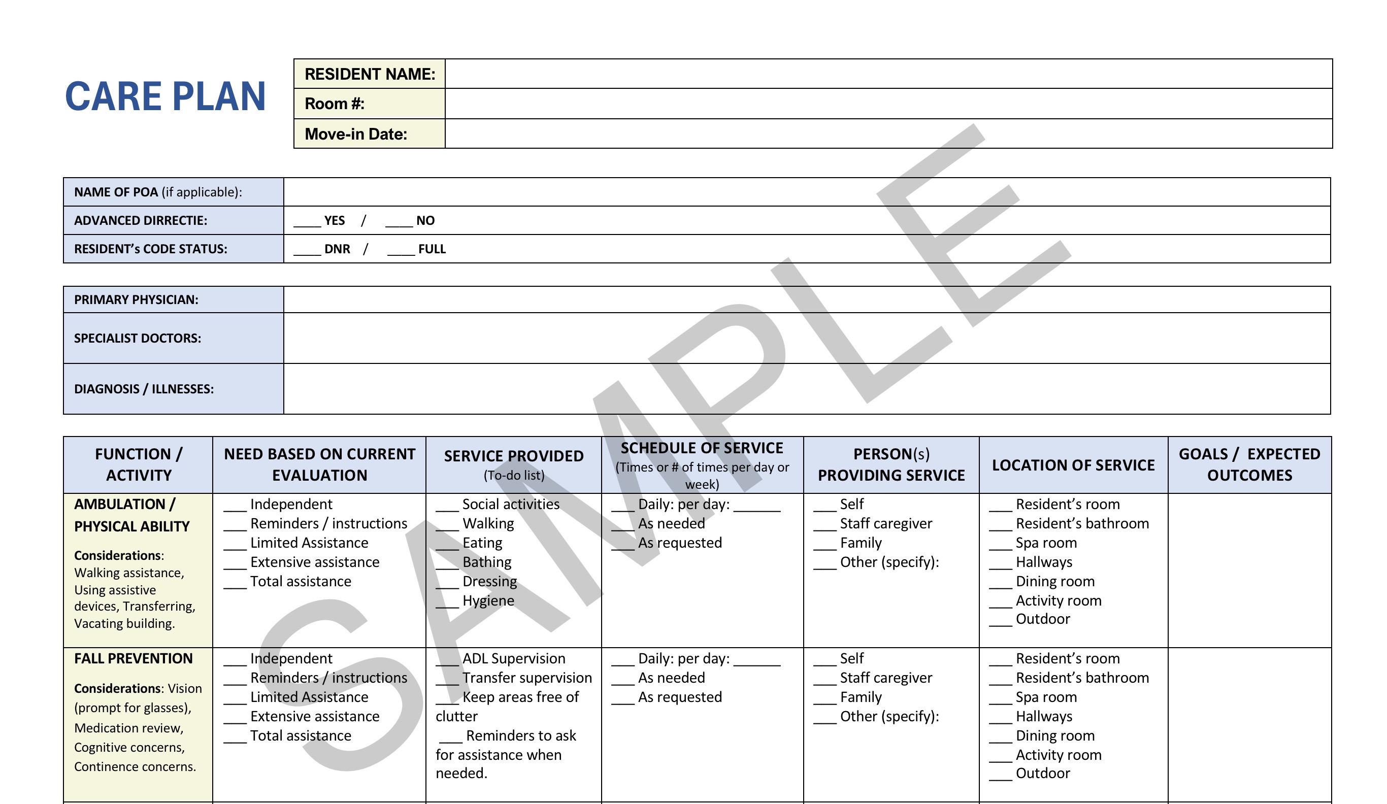 Comprehensive Care Plan Template for Elderly | Nursing Home, Assisted ...