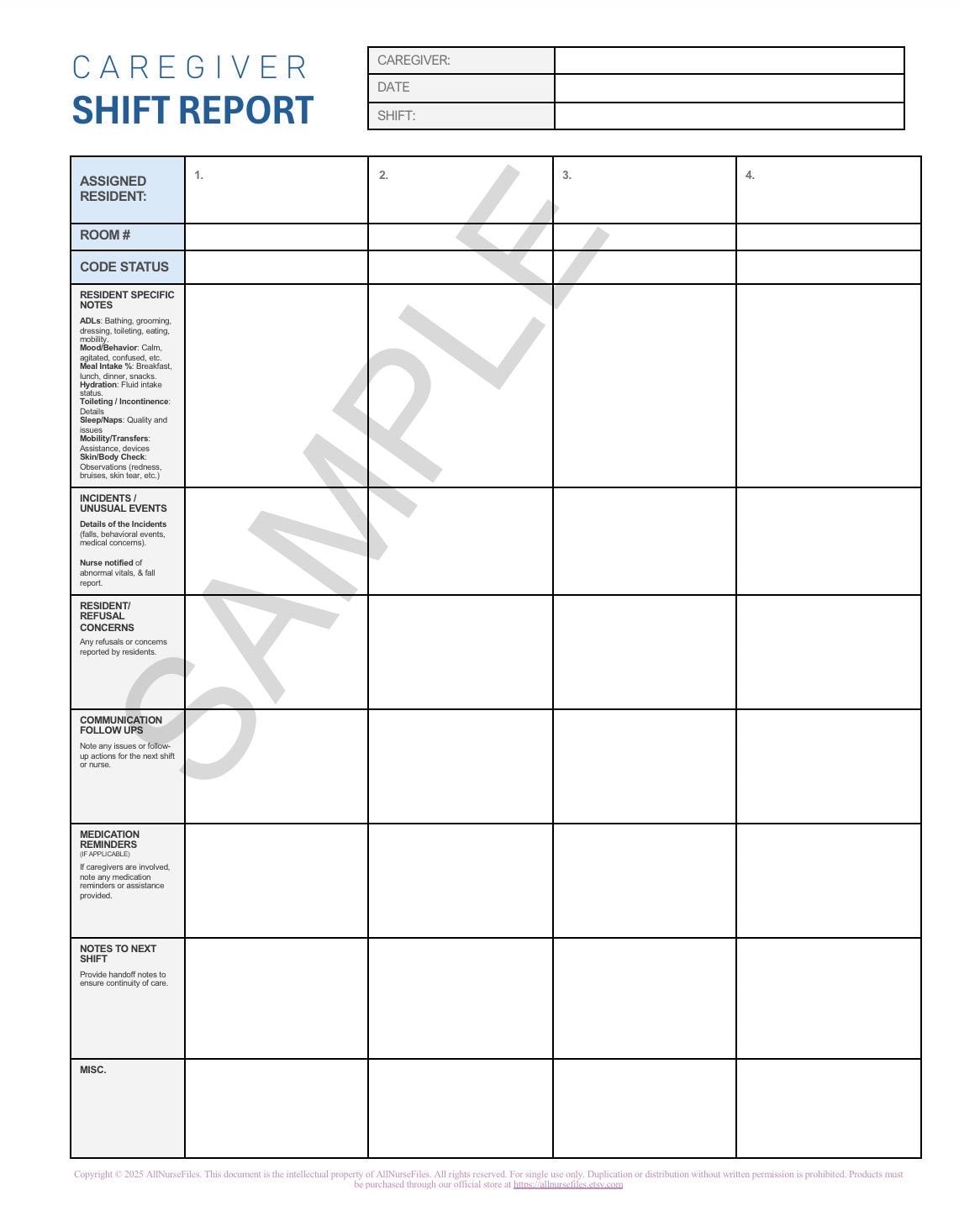 Caregiver CNA Shift Report EDITABLE Customizable Printable Handoff ...