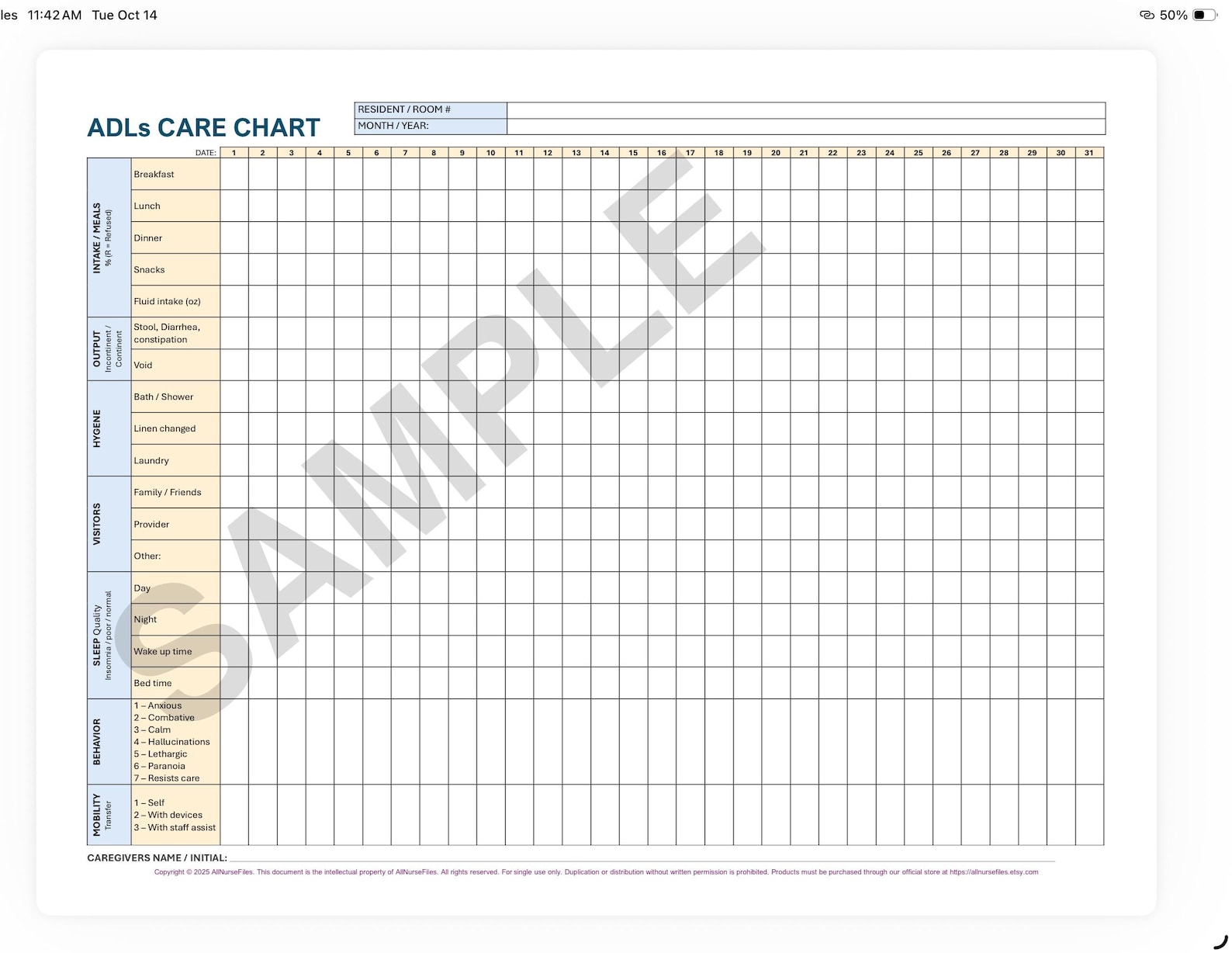 Adls Care Chart: Daily Senior Care Tracker (printable PDF File) - Etsy