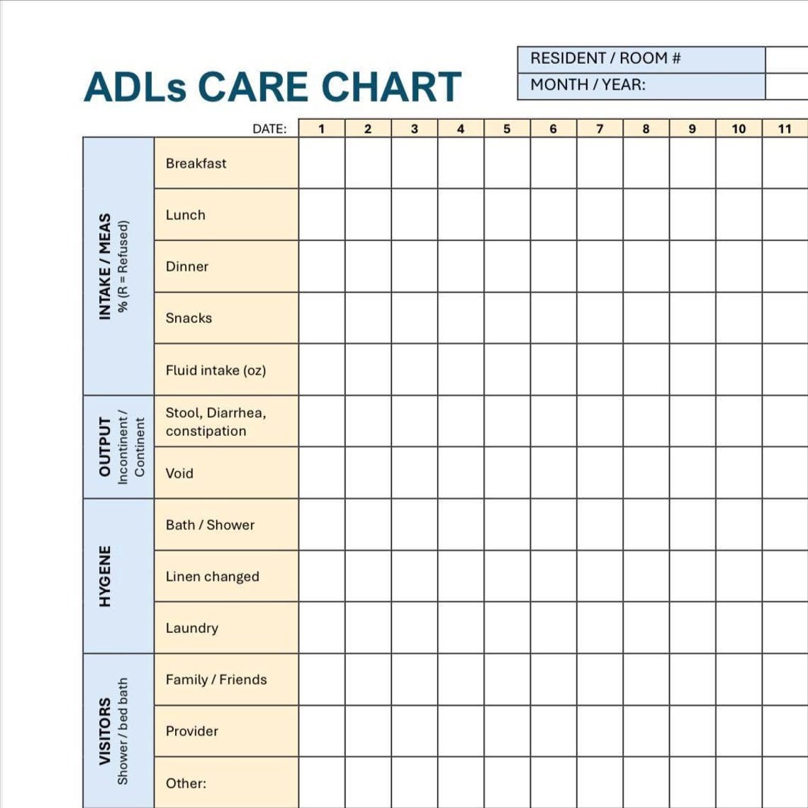 Adls Care Chart: Daily Senior Care Tracker (printable PDF File) - Etsy