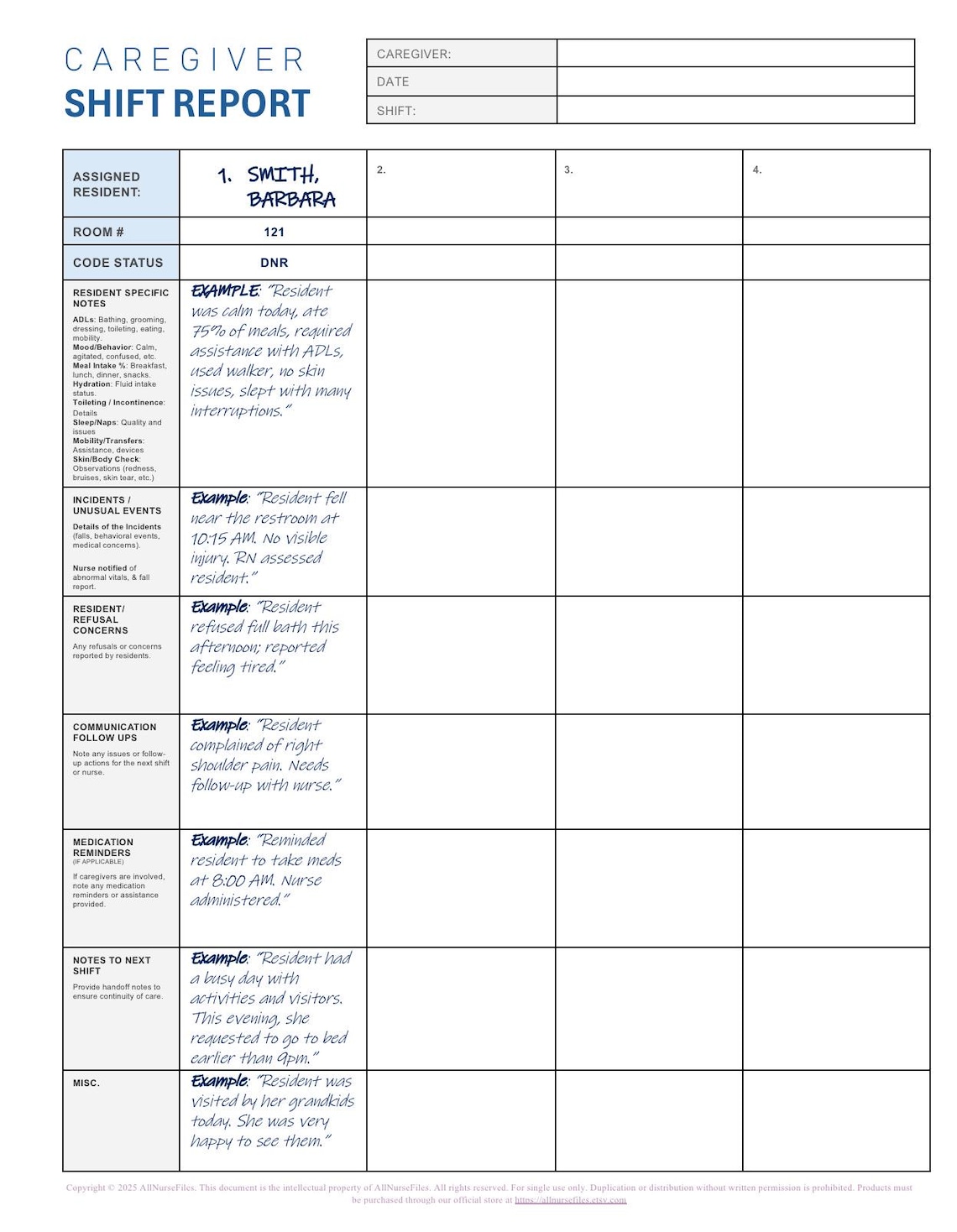 Caregiver Shift Report 4 Patient Template, Printable PDF File, - Etsy