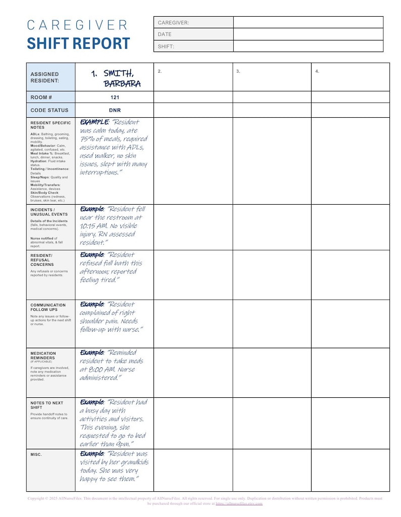 Caregiver Shift Report 4 Patient Template, Printable PDF File, - Etsy