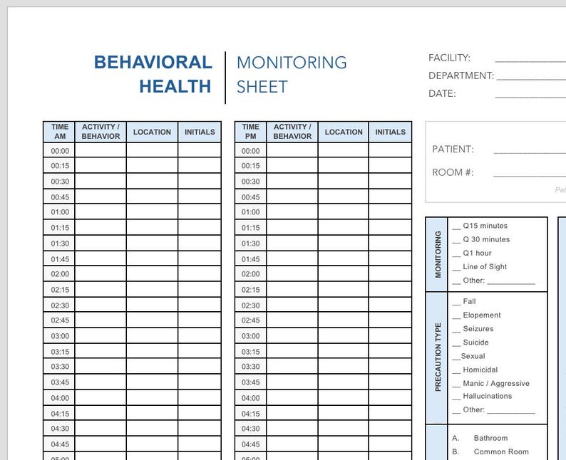 Printable PDF Behavioral Health Monitoring Sheet / Patient Observation ...