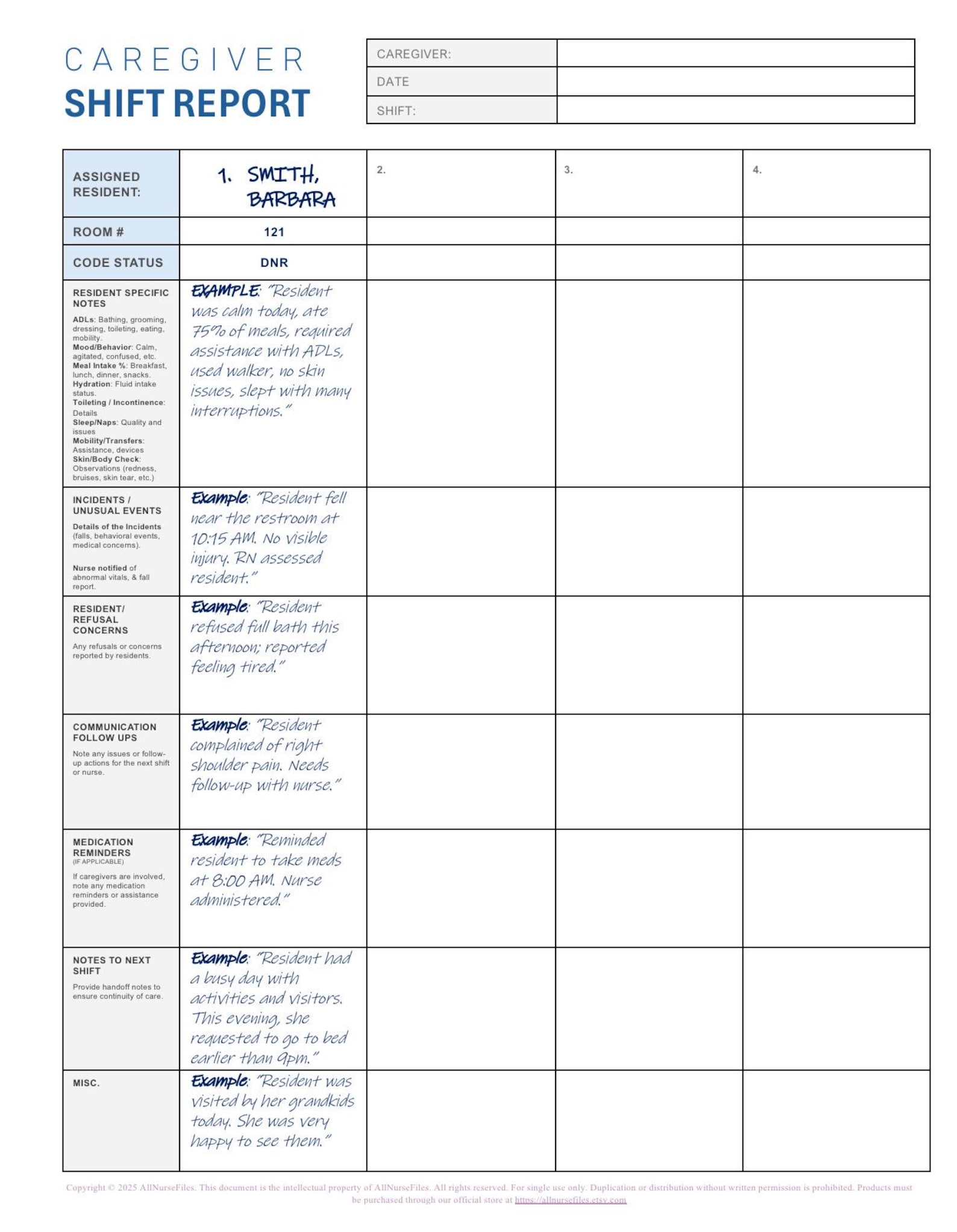 Caregiver CNA Shift Report EDITABLE Customizable Printable Handoff ...