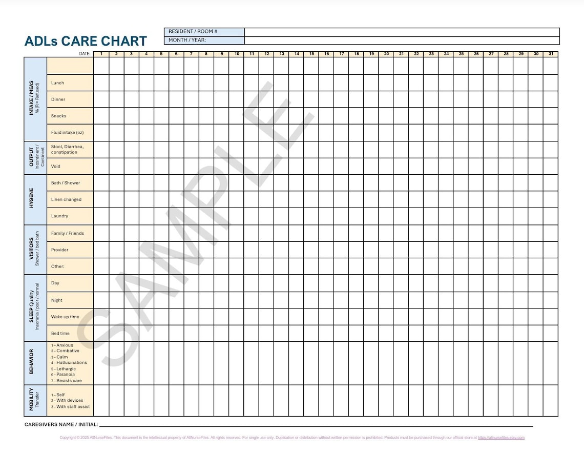 Adls Care Chart: Daily Senior Care Tracker (printable PDF File) - Etsy