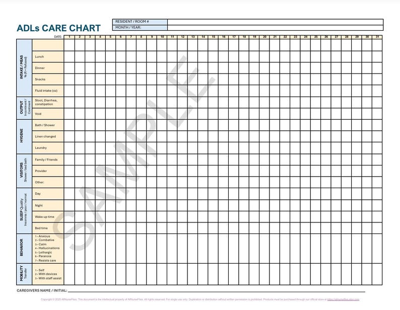Printable Adls Daily Care Chart for Caregivers and Healthcare Staff ...