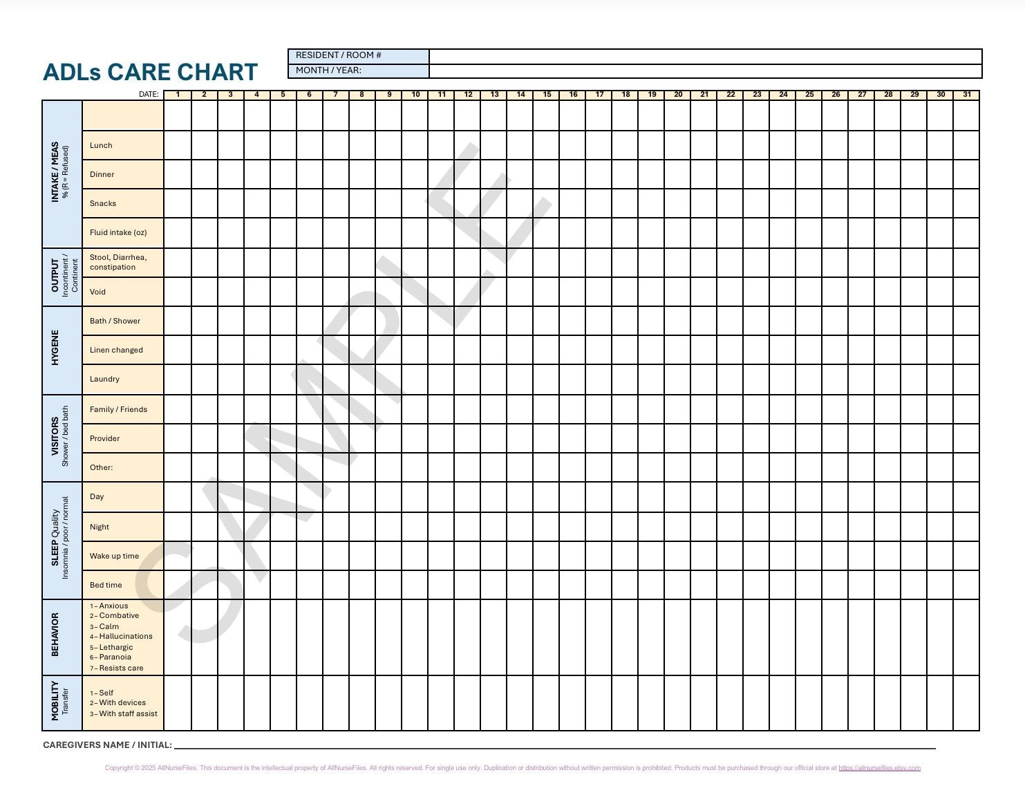 Adls Care Chart: Daily Senior Care Tracker (printable PDF File) - Etsy
