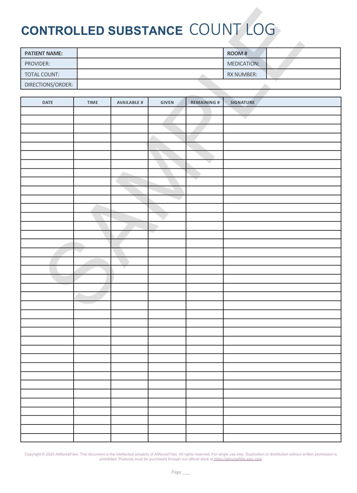 Controlled Substance Count Log – Printable Medication Tracking Form for ...