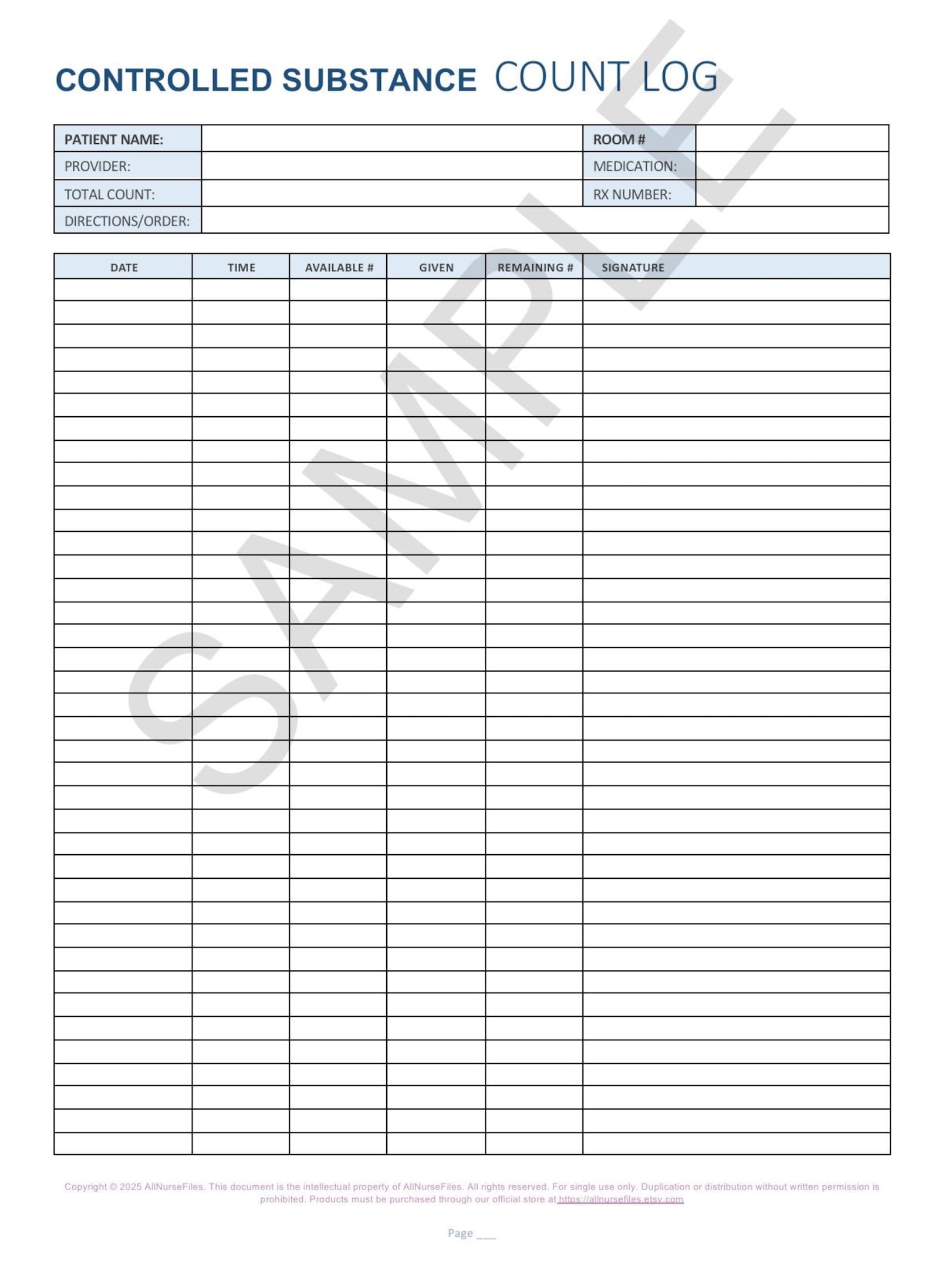 Controlled Substance Count Log – Printable Medication Tracking Form for ...