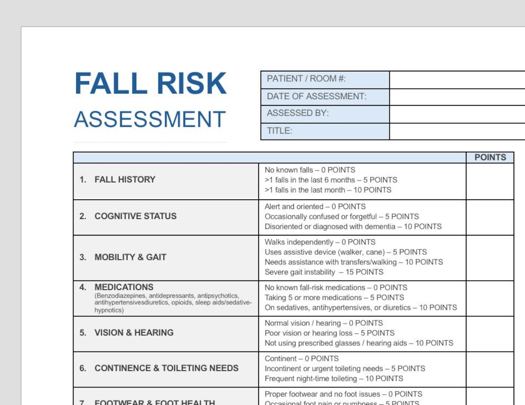 Fall Risk Assessment Form, PRINTABLE PDF Template for Nursing Homes ...