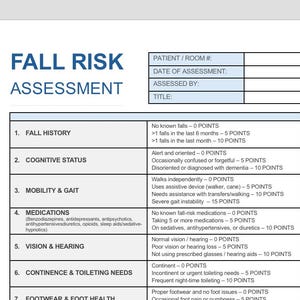 Fall Risk Assessment Form, PRINTABLE PDF Template for Nursing Homes ...