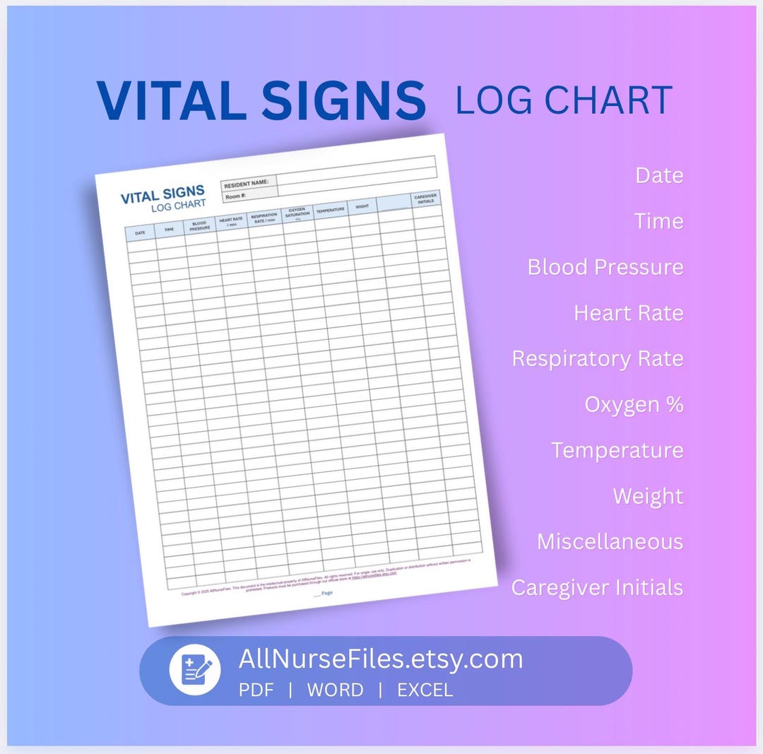 Vital Signs Log Chart, Daily Health Monitoring Sheet, Printable PDF ...