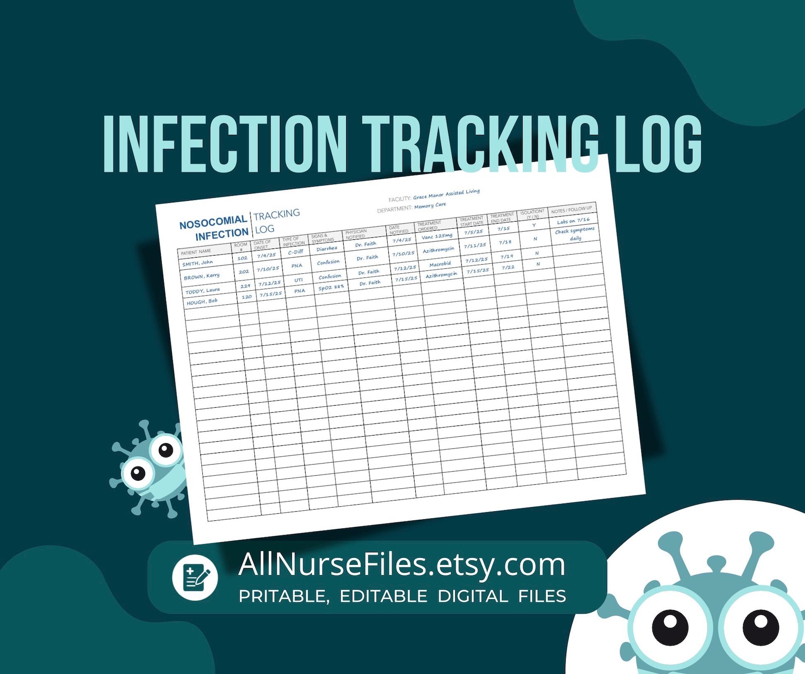 Patient Infection Tracking Log, Printable, PDF Nurse Documentation Form ...