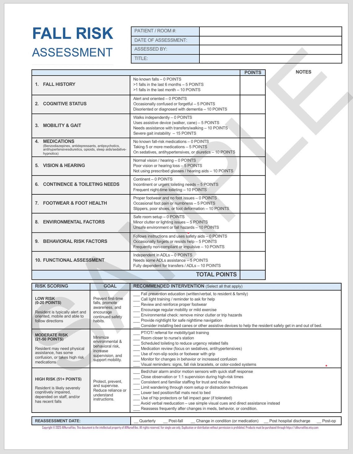 Fall Risk Assessment Form, PRINTABLE PDF Template for Nursing Homes ...