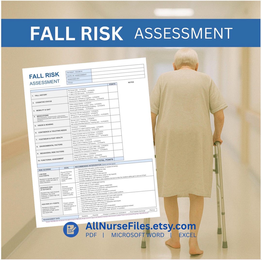 Fall Risk Assessment Form, PRINTABLE PDF Template for Nursing Homes ...