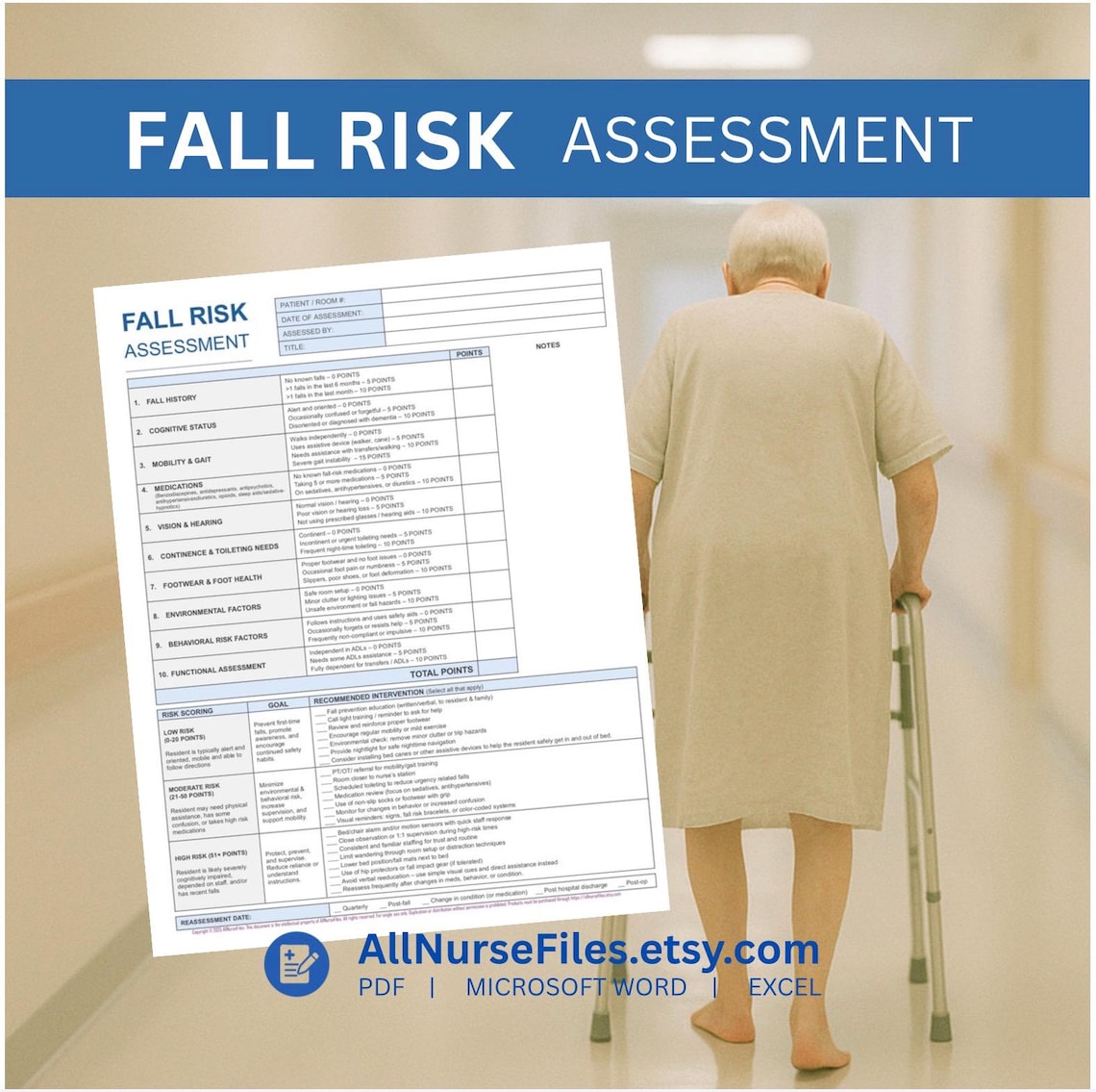 Fall Risk Assessment Form, PRINTABLE PDF Template for Nursing Homes ...