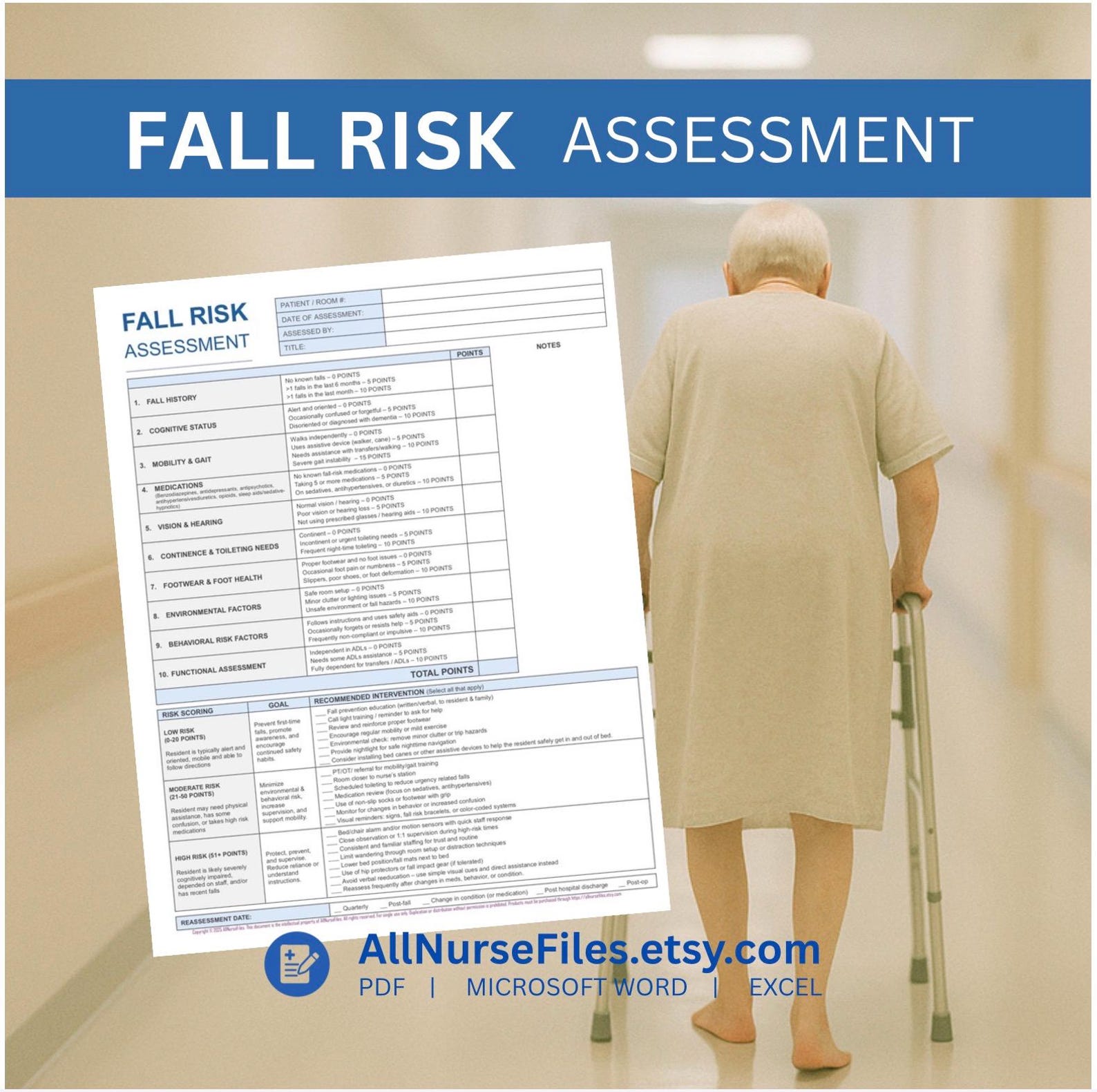 Fall Risk Assessment Form, PRINTABLE PDF Template for Nursing Homes ...