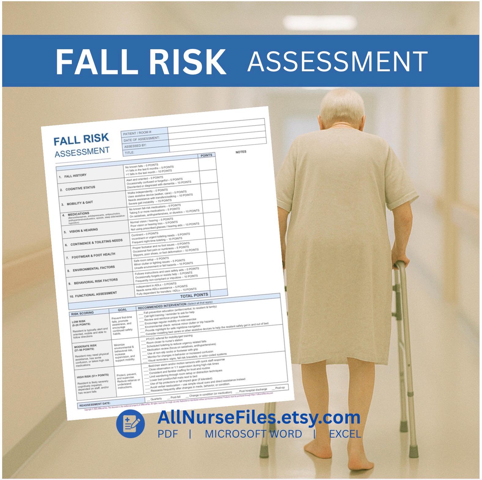 Fall Risk Assessment Form, PRINTABLE PDF Template for Nursing Homes ...