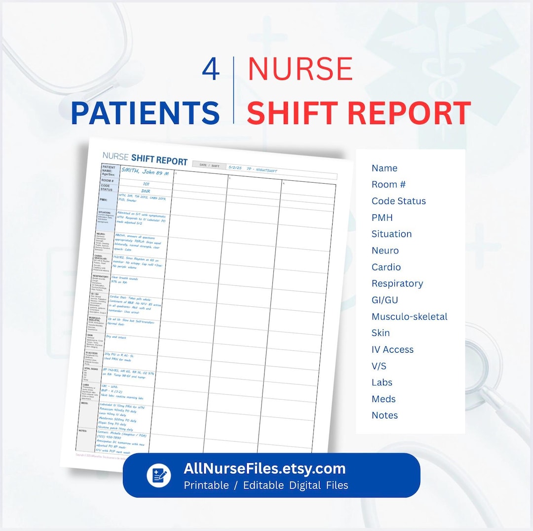 Nurse Shift Report Printable PDF Essential Basic Template 4 Patient ...