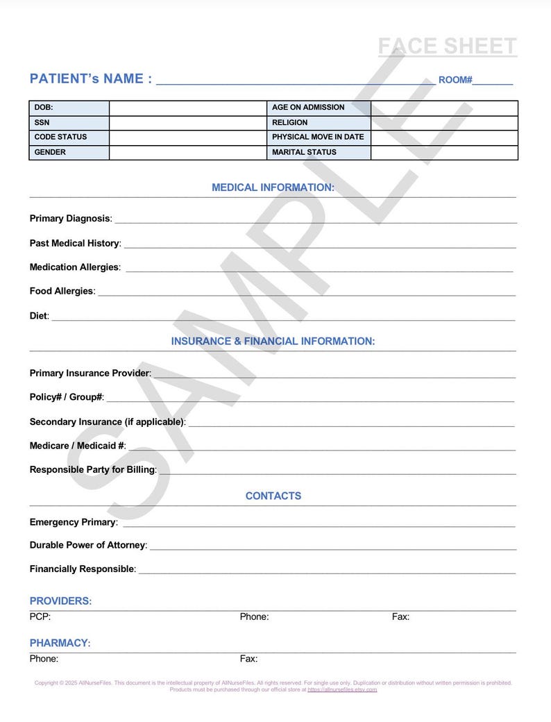 Face Sheet - an Essential Patient Profile: Quick, Clear, Complete - Etsy