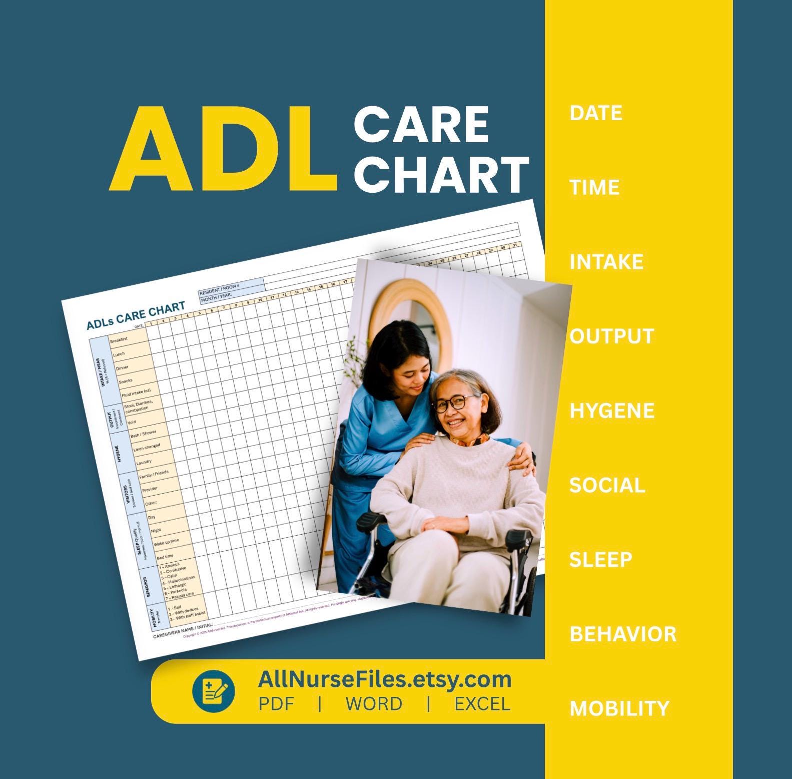 Adls Care Chart: Daily Senior Care Tracker (printable PDF File) - Etsy