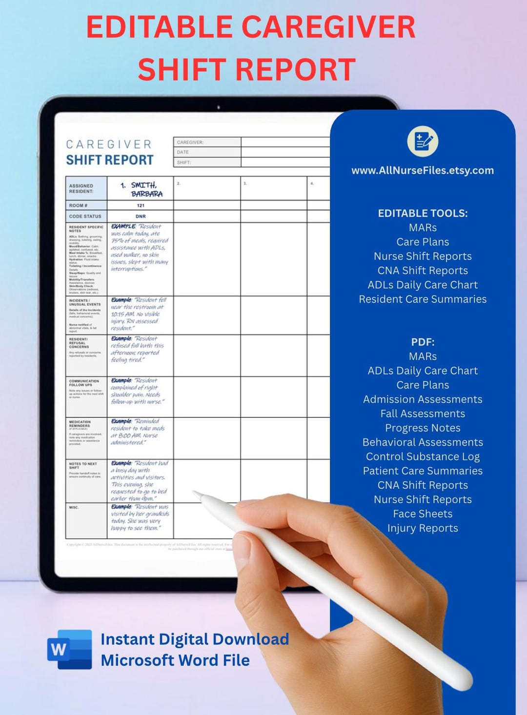 Caregiver CNA Shift Report EDITABLE Customizable Printable Handoff ...